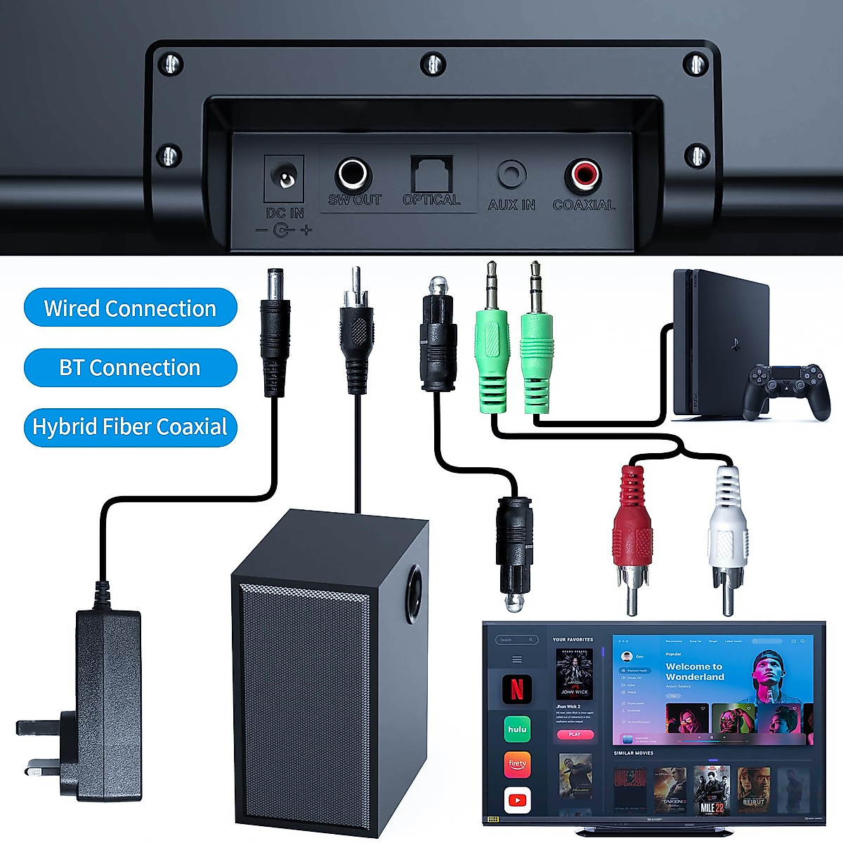 Smalody TV Speakers, Home Theater Speaker Wireless Audio Sound bar TV Speaker + Bass Subwoofer, Bluetooth Enabled/Optical/AUX/COAXIAL Inputs/Remote Control
