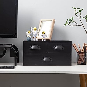 ExoLiry Rustic Black Wood Desk Storage Cabinet 3 Wide Drawers Countertop Bamboo Organizer Jewelry Box Holder Metal Handles Table Top Wooden Keepsake Caddy Home Office Farmhouse Antique Mini Dresser