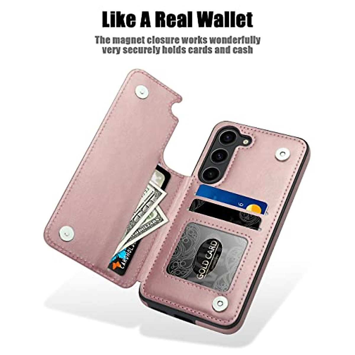 MMHUO for Samsung Galaxy S23 Case with Card Holder,Flower Magnetic Back Flip Case for Samsung Galaxy S23 Wallet Case for Women,Protective Case Phone Case for Samsung Galaxy S23 5G (2023),Rose Gold