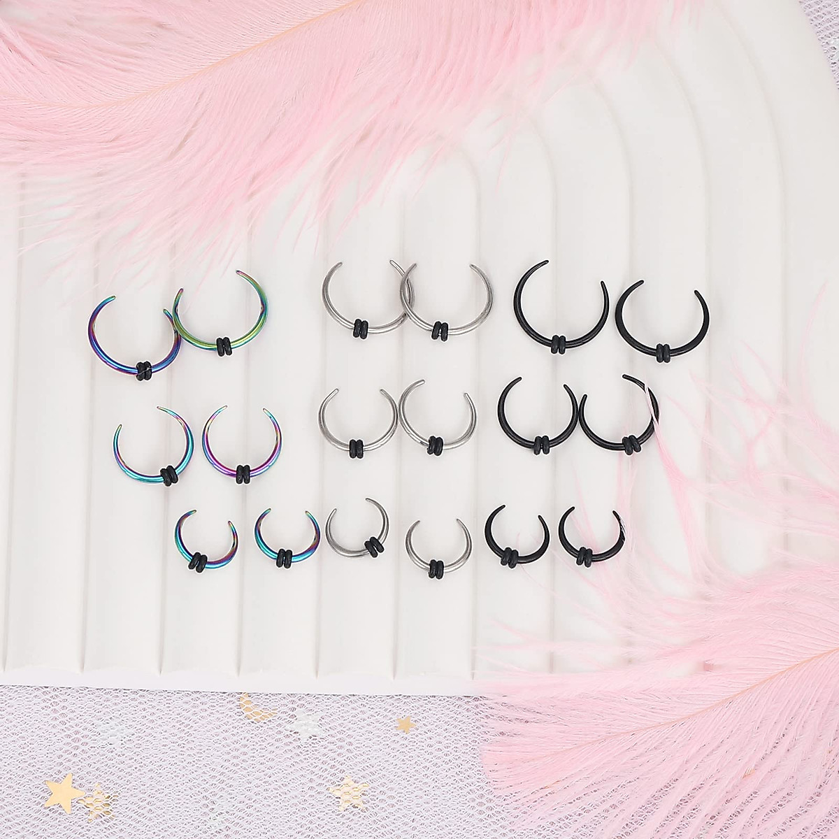 YOFANST 16g Stainless Steel Crescent Pincher Septum Rings C Shape Buffalo Horseshoes Taper Set, 9 Pairs