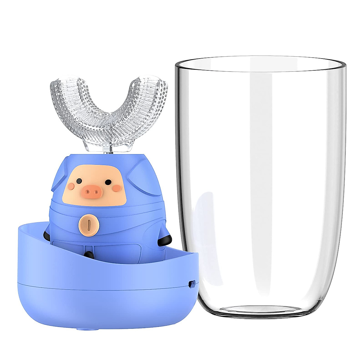 ZZCC Ultrasonic Kids Electric Toothbrush, New U Shape Kid Type Whitening IPX7 Waterproof, 3 Gear Speed, 3-12 Years(Blue-Mini Pig)