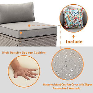 COSIEST 2-Piece Outdoor Furniture Add-on Armless Chairs for Expanding Wicker Sectional Sofa Set w Warm Gray Thick Cushions, 2 Floral Fantasy Pillows for Garden, Pool, Backyard