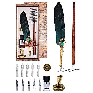 XIAOYU Feather Calligraphy Pen Ink Set, incluedes Quill Pen and Wooden Dip Pen, 10 Replacement Nibs, Ink & Pen Nib Base for Writing, Drawing, Signature, Green