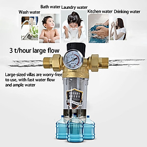 Reusable Spin Down Sediment Water Filter,Copper Pre - Filter with Meter Whole House Front Water Purifier Household - Backwash, Tap Water Stainless Steel Mesh 40 Micron Fine Filter