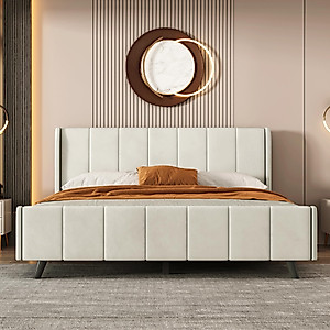 Prohon Upholstered Platform Bed with Tufted Headboard and Soft Wingback, Queen Size Bed Frame No Box Spring Needed, Velvet Bedframe w/Wood Slat Mattress Foundation, Beige