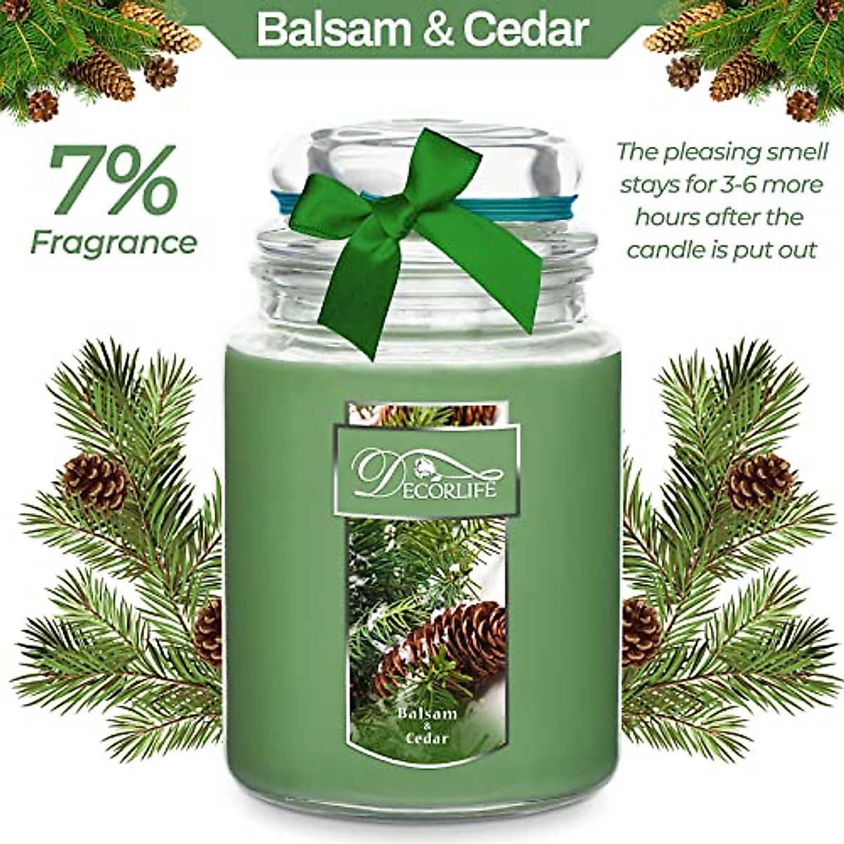 Decorlife 22 oz Scented Candles, Large Balsam & Cedar Christmas Candles with 2 Wicks, Strong Smelling and 110 Hours Long Lasting Time, 2-Pack