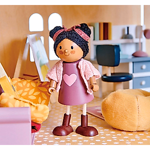 Tender Leaf Toys - Ayana and Her Cat - Wooden Miniatures Flexible Doll, Multicultural Action Figure for Dollhouse - Encourage Creative and Imaginative Fun Play for Children - Age 3+