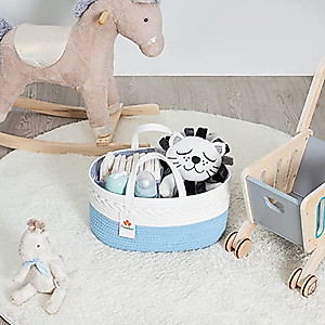 Large Baby Diaper Caddy Organizer Blue 100% Cotton Rope Basket Nursery Storage Bin Portable for Changing Table/Car Hanging Travel Bag Tote Newborn Registry Must Have Baby Boy Shower Gift Basket