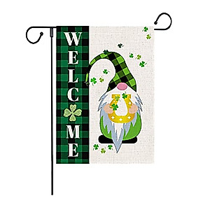 Welcome Gnomes Garden Flags, St Patrick's Day Buffalo Plaid Vertical Double Sized Burlap Flag for House Yard Outdoor Decor 12.5 x 18 Inch
