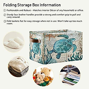 AUUXVA Sea Ocean Turtle Retro Map Storage Basket Bin Seaweed Large Fabric Toys Storage Cube Box with Handles Collapsible Closet Shelf Cloth Organizer Basket Set of 2 for Nursery Bedroom
