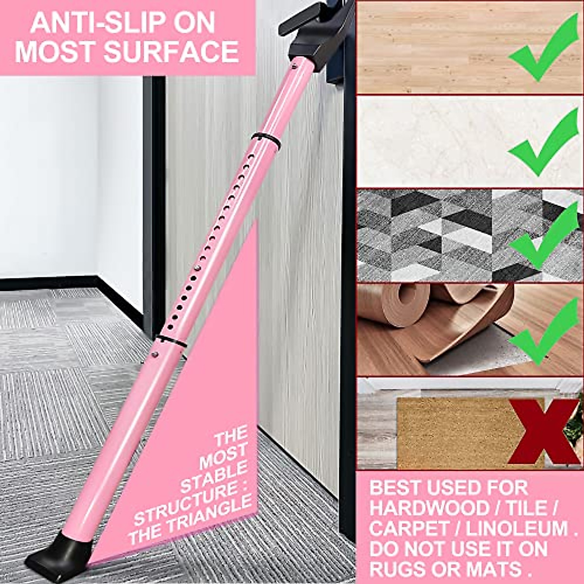 AceMining Upgraded Door Security Bar & Sliding Patio Bar, Heavy Duty Stoppers Adjustable Jammer for Home, Apartment, Travel (2 Pack,Pink)