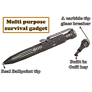 Uzi Tactical Pen with CuffKey in The Cap, Refillable Ultra Durable Aircraft Aluminum (UZI-TACPEN6-GM) Ballpoint Pen Writing Tactical Pen Survivor Pen (Gun Metal), Father's Day Gift