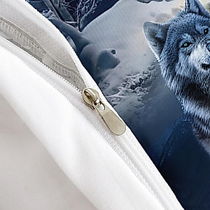 AILONEN Snow Wolf Bedding Queen Duvet Cover Set, 3D Night Galaxy Starry Wolf Comforter Cover Set,Wild Animals Wolf Themed Quilt Cover and 2 Pillowcases for Boys Adults, 3 Pieces