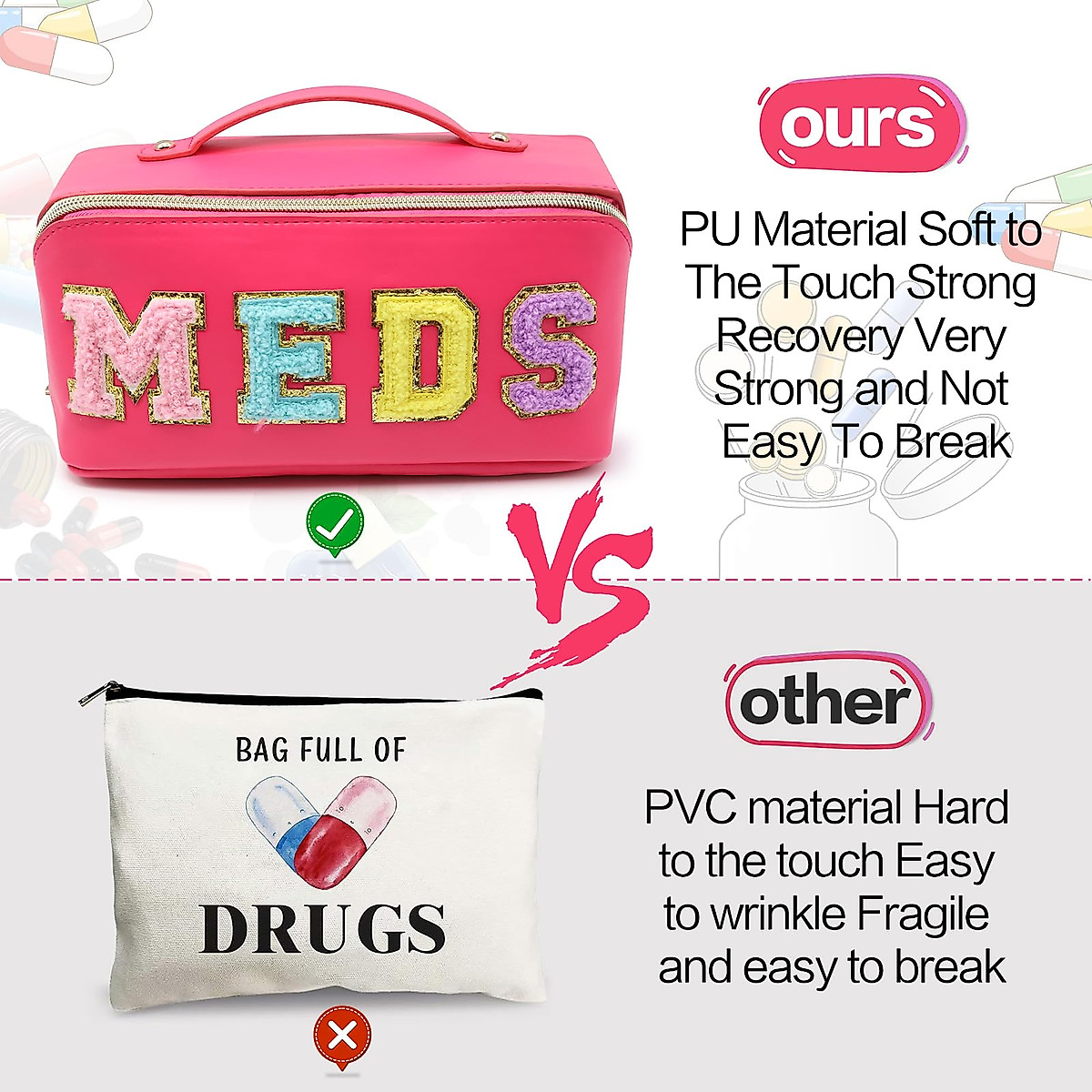 dark swan Chenille Letter Portable Makeup Bag Medicine Drug Bag Waterproof Leather, Preppy Patch Makeup Cases w/ Zipper, MEDS First Aid Pouch Purpose Bag School Home Travel Camping Supplies (Pink)