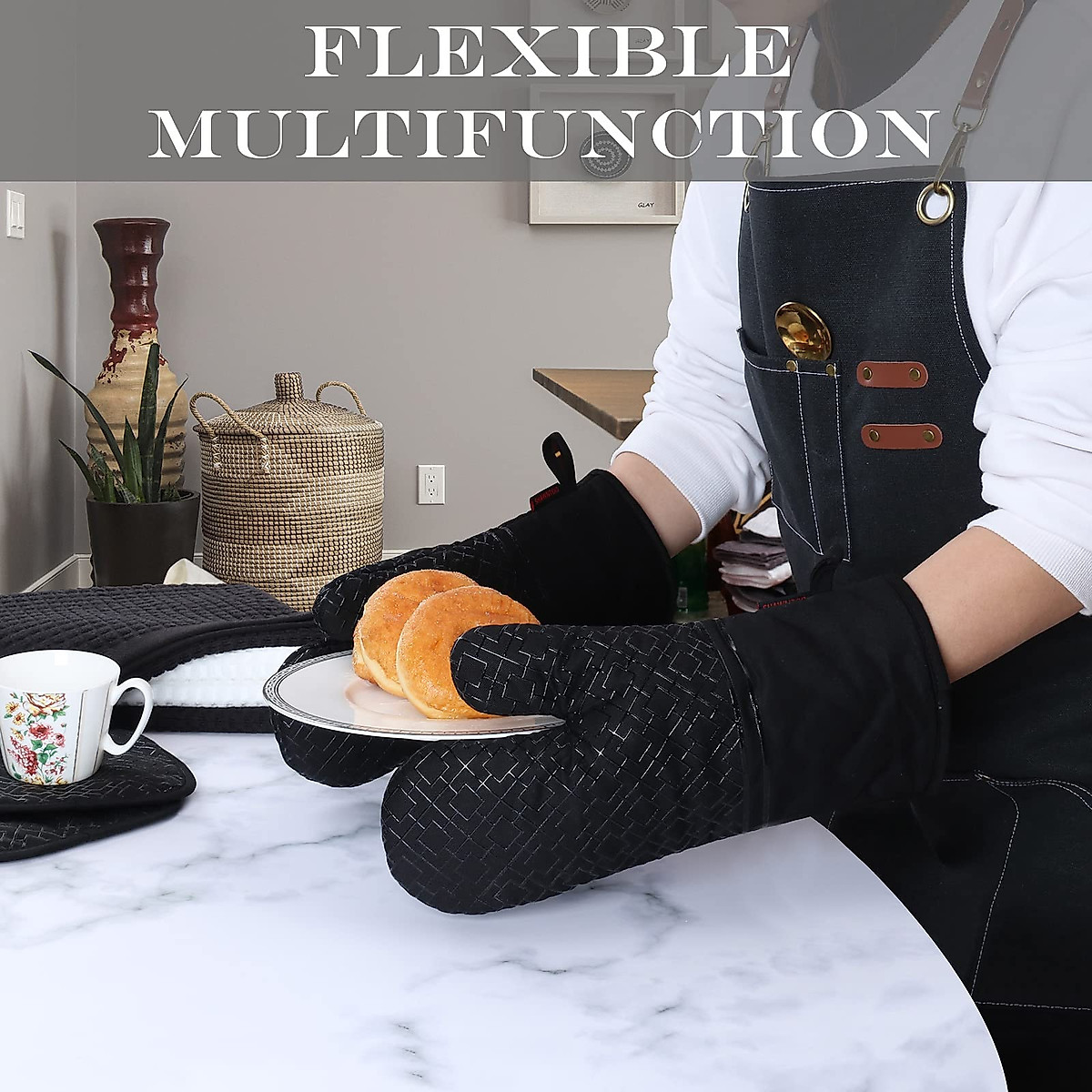 Oven Mitts and Pot Holders Set 6pcs, Kitchen Oven Glove,High Heat Resistant 550 Degree Extra Long Oven Mitts and Potholder with Non-Slip Silicone Surface for Cooking Baking Grilling…