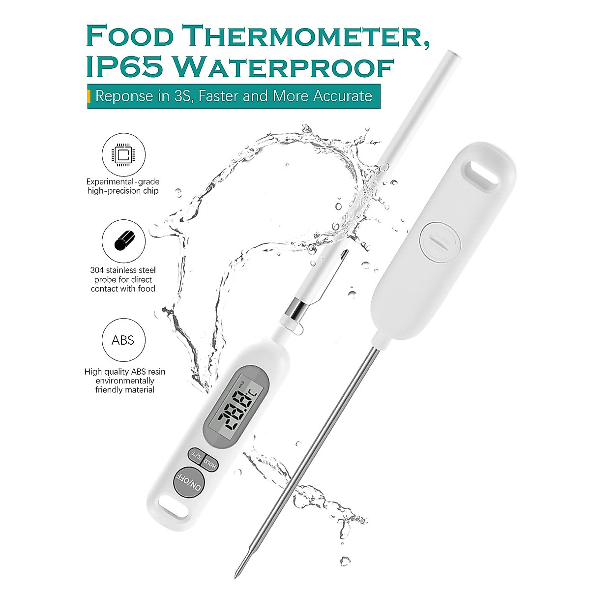 Meat Thermometer, Waterproof Food Thermometer, Instant Read Digital Cooking Thermometer for Kitchen Cooking BBQ Sugar Jam Water Meat Milk
