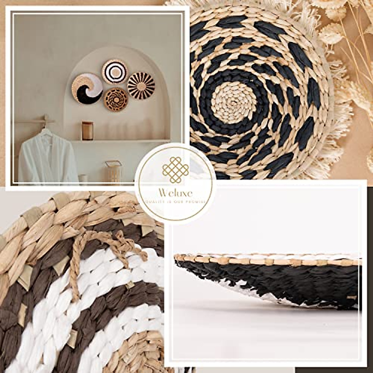 Wicker Wall Basket Decor Set of 4 - Black, Brown & White - Woven Boho Macrame Wall Hanging - Hook Attached for EASY Hanging - Wall Hanging Decor for Farmhouse Style