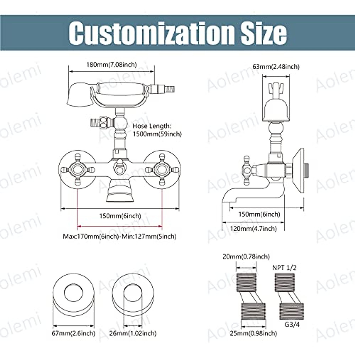 Aolemi Wall Mount Bathtub Faucet with Handheld Shower Polish Chrome Double Cross Handle Mixer Tap with Telephone Shaped Hand Sprayer Vintage Tub Filler