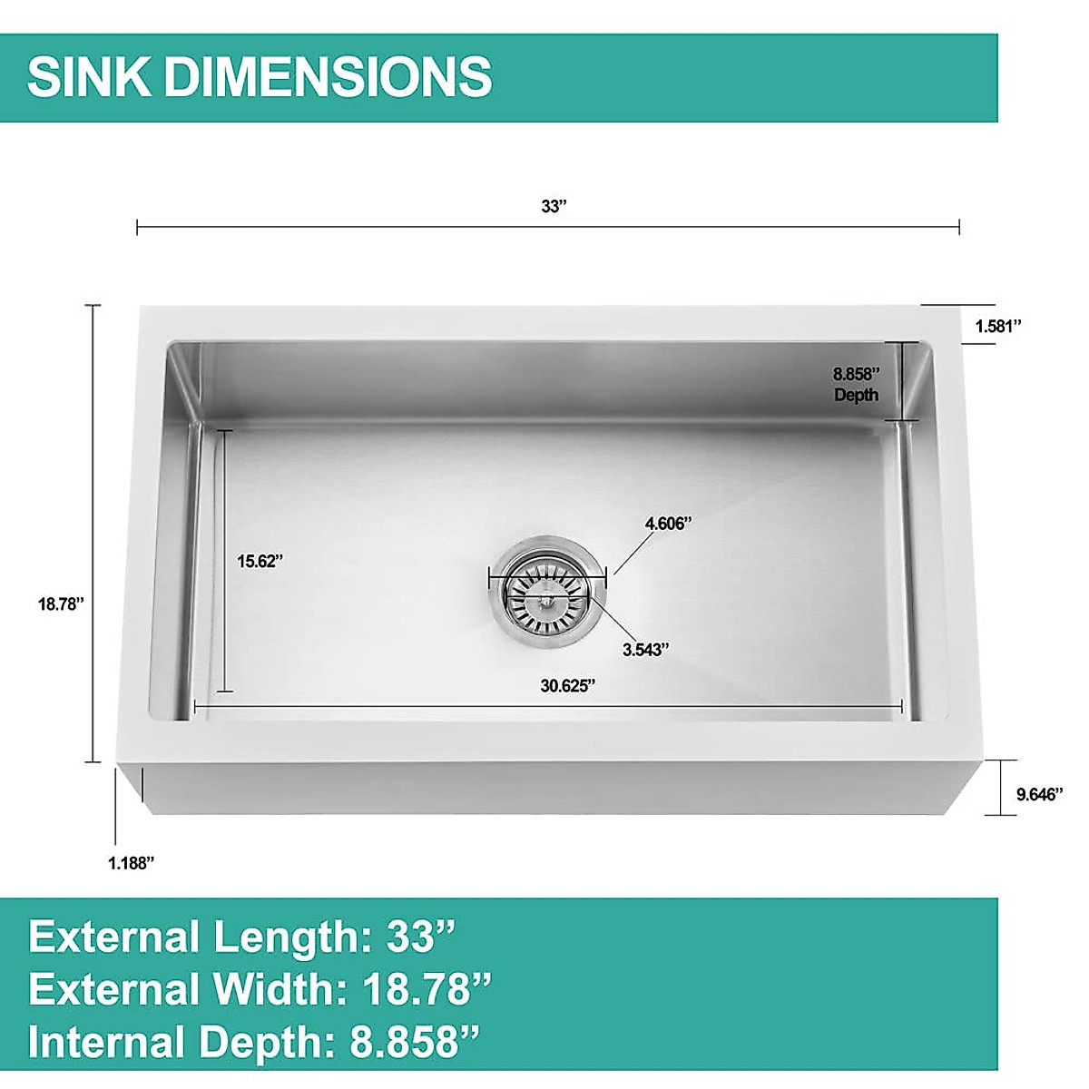 Westbrass BSS133W 33" Single Bowl 18 Ga. Stainless Steel Kitchen Sink with White Solid Surface Farmhouse Apron Front and Rim Top