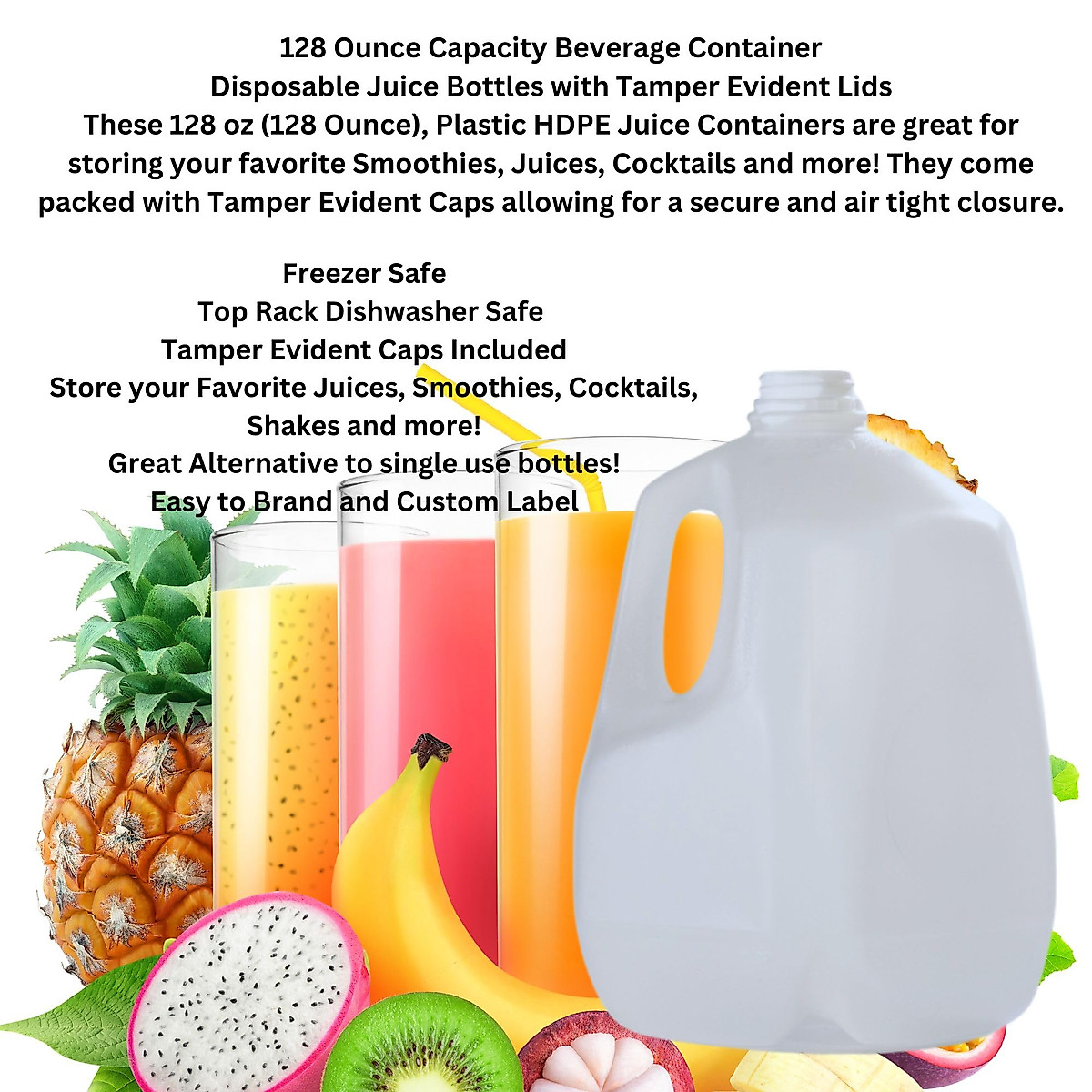(4 PACK) 128 Oz Empty Plastic Gallon Juice Bottles with Tamper Evident WHITE Caps - Smoothie Bottles - Ideal for Juices, Milk, Smoothies, Picnic's and Even Meal Prep - Made in USA