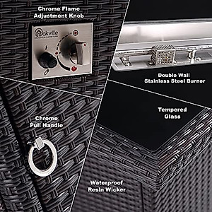 OAKVILLE FURNITURE 44 in Propane Fire Pit Table, 50000 BTU Rectangular Outdoor Gas Fire Pit, Brown Wicker Aluminum Tabletop in Tempered Fire Glass for Outside Patio Garden, Backyard