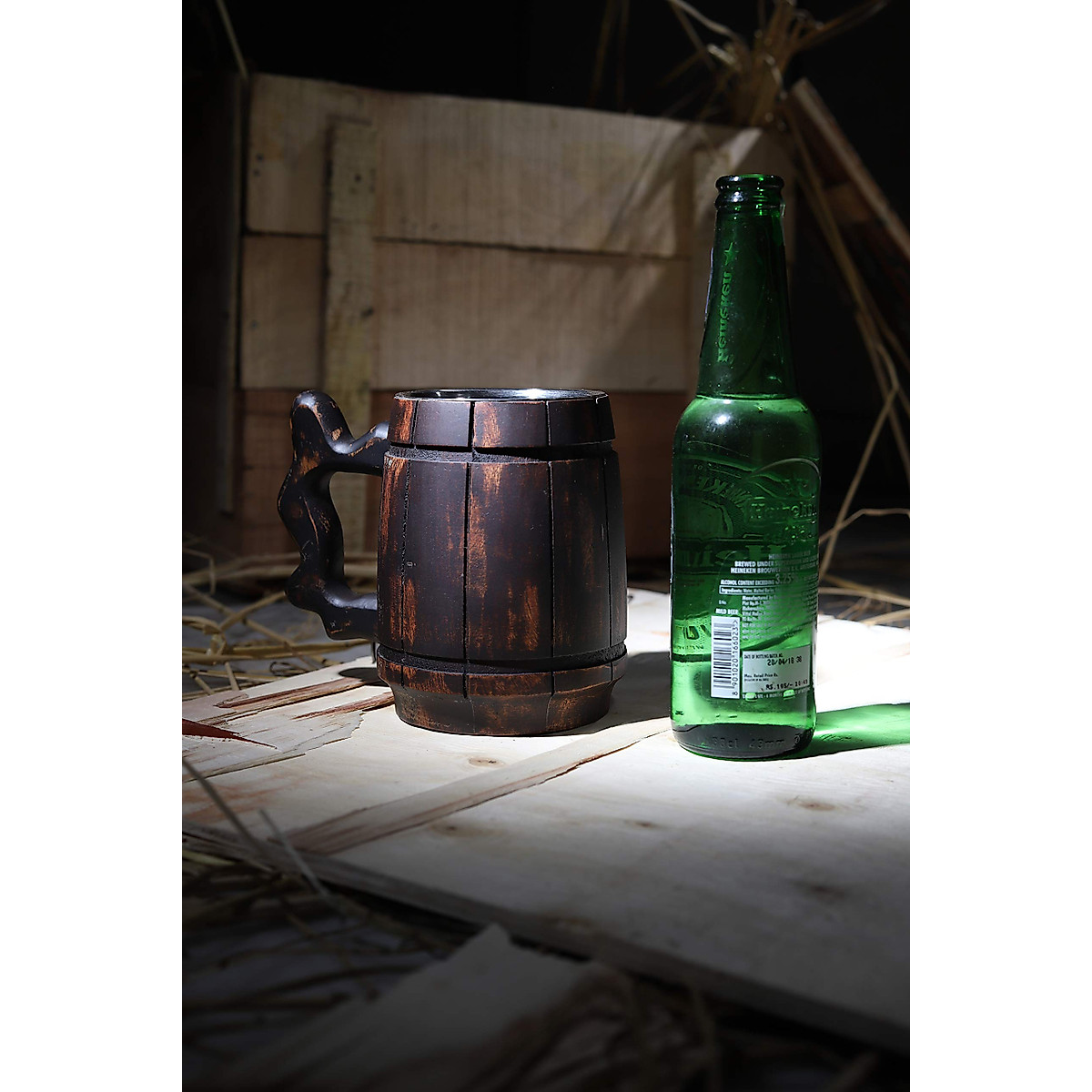 GoCraft Handmade Wooden Beer Mug with 18oz Stainless Steel Cup | Great Beer Gift Ideas Wooden Beer Tankard for Men | Vintage Bar accessories - Barrel Brown Classic Design