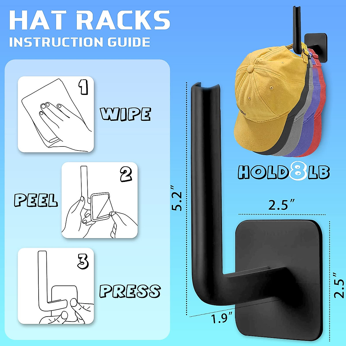 Hat Rack for Wall Hat Organizer (6-Pack), Hat Racks for Baseball Caps, Adhesive Hat Hooks for Wall, No Drilling Hat Hangers for Closet Cowboy Hat Holder Display, Sticky Hat Storage for Baseball Cap