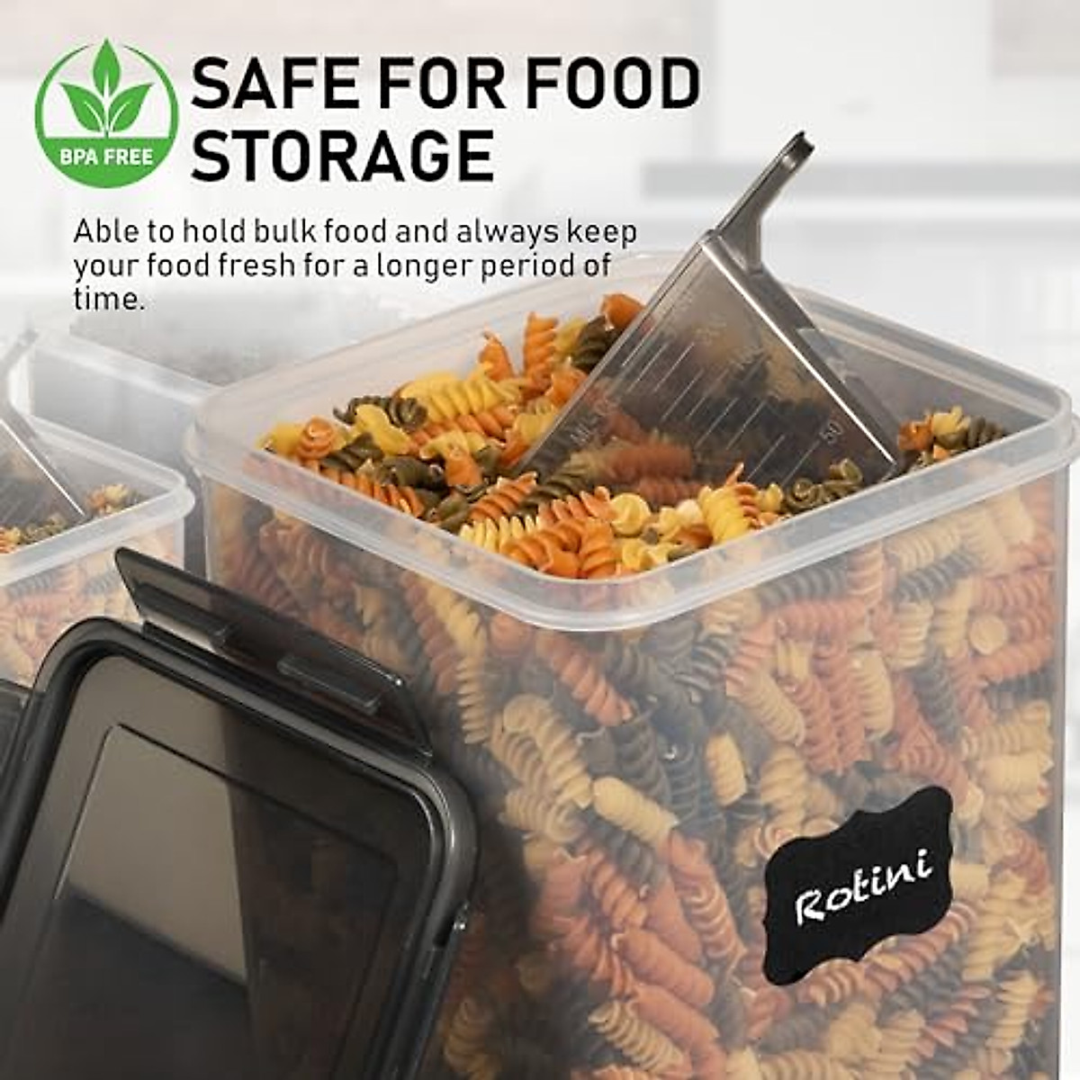 WHITE FEATHER SUPPLIES 4 PC [5.2L / 175 Oz] Large Airtight Food Storage Containers with Lids - Leakproof BPA Free Plastic Kitchen & Pantry Organization for Sugar, Flour & Rice + 4 Measuring Cups