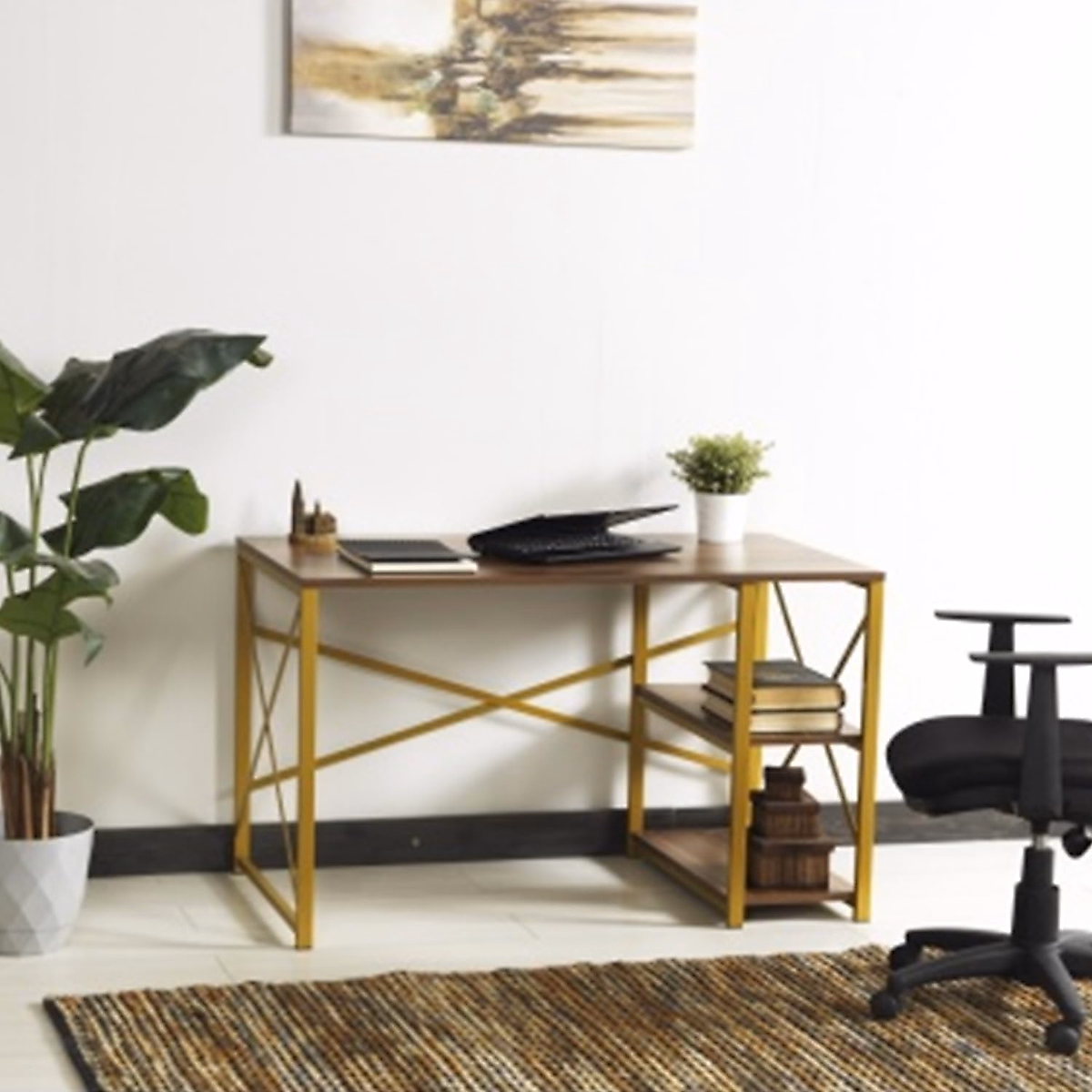 Complete Computer Workstation Desk with Storage Furnish Home Store Gold Metal Frame 47" Wooden Top 2 Shelves Writing and Computer Desk for Home Office (Black)