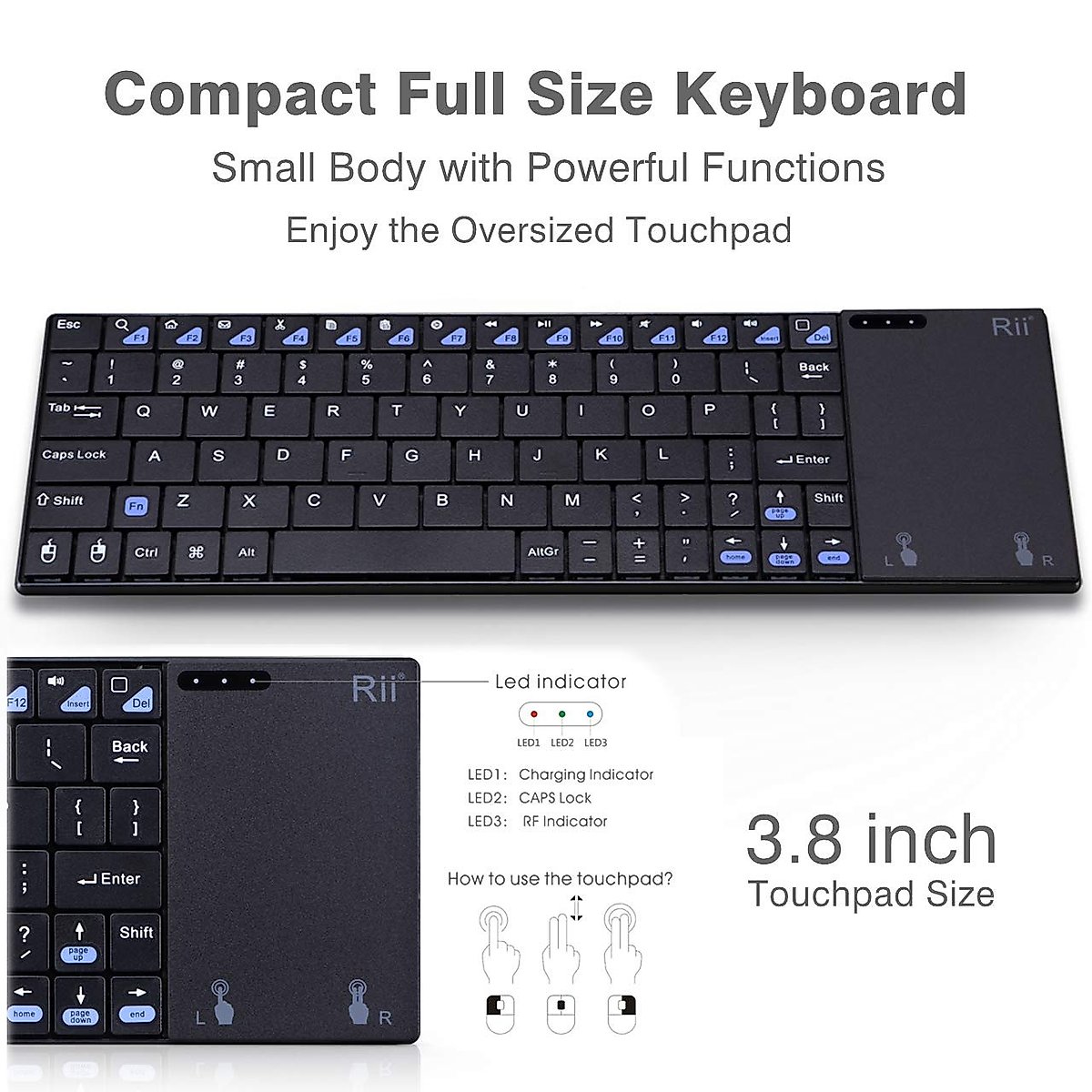 Rii K12+ Mini Wireless Keyboard with Large Touchpad Mouse&Qwerty Keypad, Stainless Steel Portable Wireless Keyboard with USB Receiver for MacBook/iPad/Tablet/PC/Laptop/Smart TV/Raspberry Pi - Black