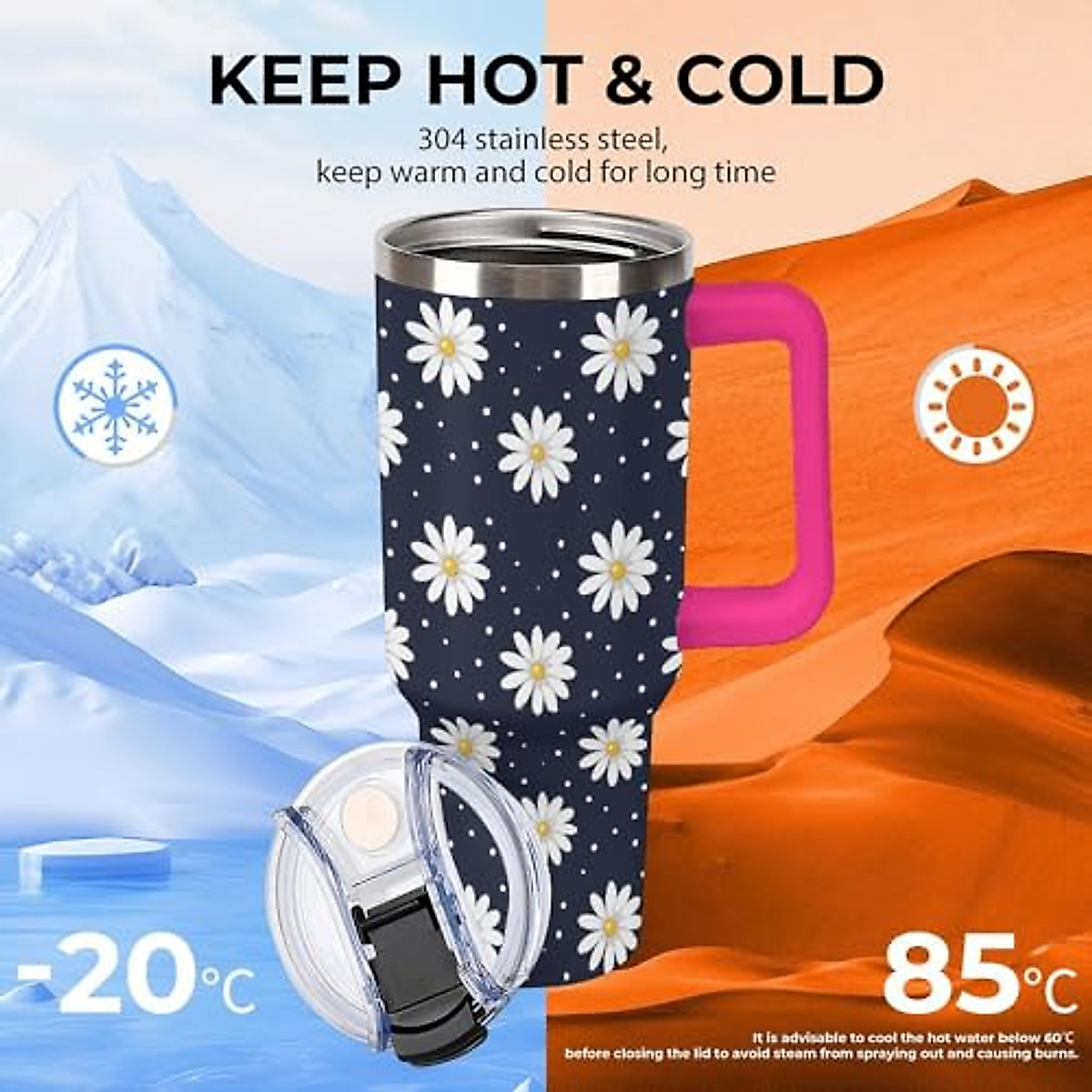 White Daisies Circles 40 Oz Tumbler Insulated Stainless Steel Water Bottle Travel Mug Car Cup with Handle And Straw