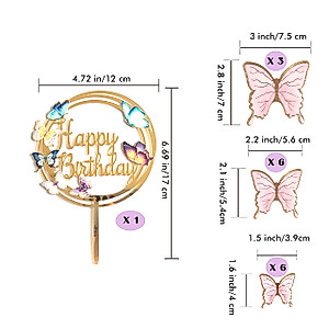 Butterfly Cake Toppers Decorations - 1 Big Happy Birthday Cake Topper & 15Pcs 3D Pink Gold Cupcake Toppers - Party Supplies for Decorating Baby Shower Girl's Birthday