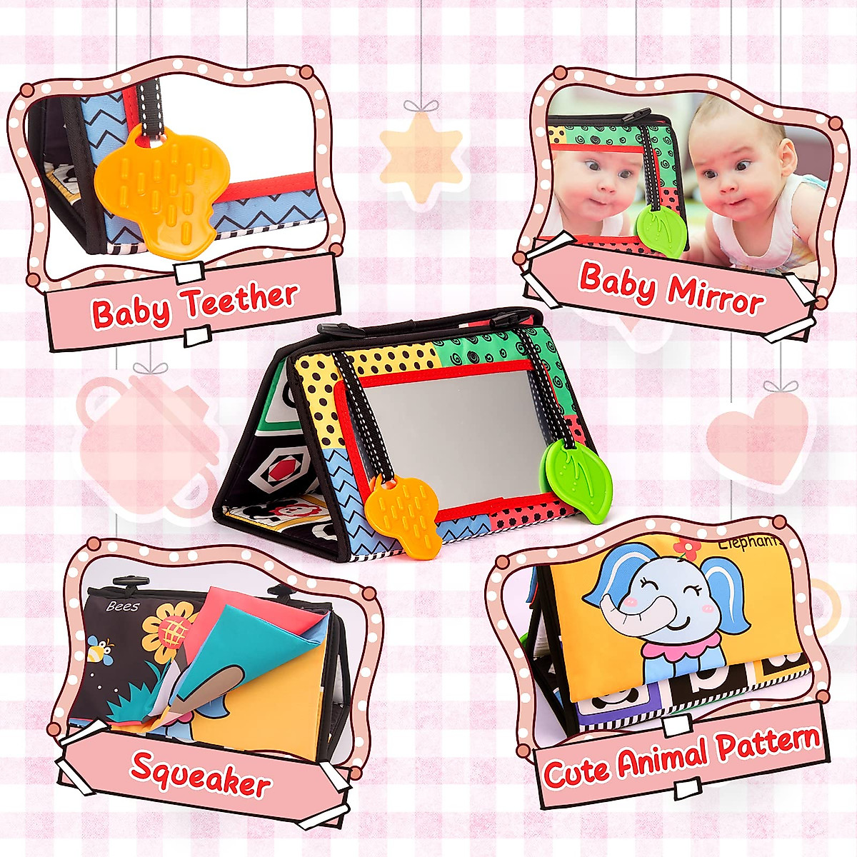 Little World Tummy Time Floor Mirror - Tummy Time Mirror Double High Contrast with Teething Toys, Developmental Black and White Baby Toys for Infants Newborn 0-3 Months Baby Boys and Girls