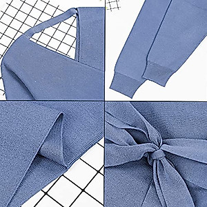 Selowin Women Elegant V Neck Wrap Backless Bodycon Batwing Sleeve Slit Belted Knited Sweater Dresses Blue X-Large