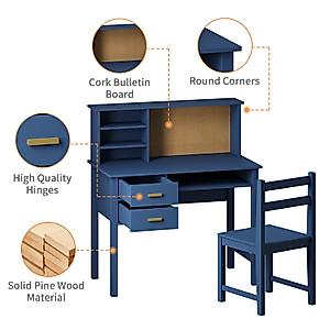 wanan Kids Desk and Chair Set, Wooden Children Study Table with Hutch/Drawer & Bulletin Board, Student Study Desks Computer Desk Art Desk for Bedroom Study Room (Blue)