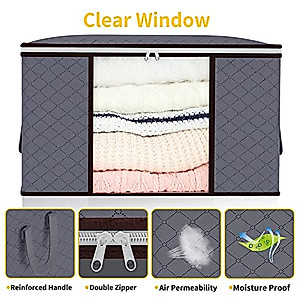 YearningHome 6Pack 90L Storage Bag for Clothes Large Capacity Storage Containers with Reinforced Handle Foldable Closet Organizer for Comforters, Blankets, Bedding, Sweater with Sturdy Zipper, Clear Window, Grey