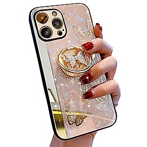 Topwin iPhone 14 Pro 6.1'' Kickstand Case, Cute 3D Butterfly Bling Glitter Marble Elegant Rhinestone Diamond Hard Back Soft TPU Bumper Cover for Girls for Apple iPhone 14 Pro 6.1 2022 (Rose Gold)