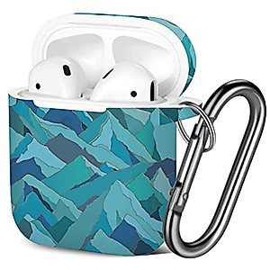 [ Compatible with AirPods 2 and 1 ] Shockproof Soft TPU Gel Case Cover with Keychain Carabiner for Apple AirPods (Mountains Landscape)