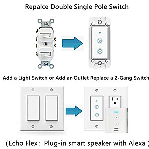 Nexete Smart Wi-Fi Double Light Switch, 2 in1 Single Pole Switch Compatible with Alexa Google Assistant & IFTTT,Remote Control, Timing Function No Hub Required (1-Pack Double Smart Switch)