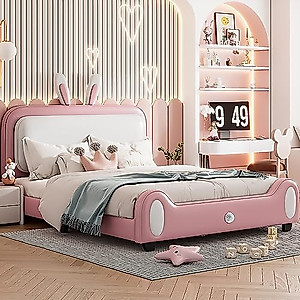 YSWH Full Size Upholstered Rabbit Shaped Princess Bed, Wood Platform Bed Frame with Bunny Ears Headboard and Bunny Tail Footboard, Kids Bedroom Furniture Fun Cute Rabbit Bed Pink Bed