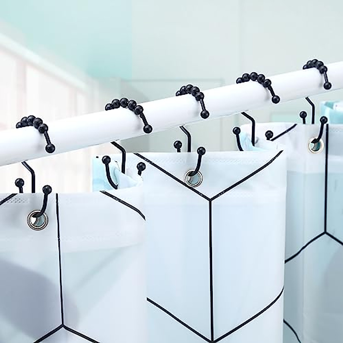 Shower Curtain Hooks, Goowin Shower Curtain Rings, Rust Proof Metal Black Shower Curtain Hooks, Free Sliding Shower Curtain Hooks, Double Shower Curtain Rings for Curtain & Liners, Black