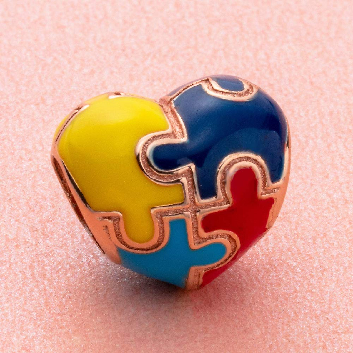 HOMIEBUDS Autism Awareness Charm, Rose Gold Puzzle Pieces Charms, fits DIY Snake Bracelet, 925 925 Sterling Silver Heart Beads Colorful Enamel Charms, Love Gifts for Women/Men/Girls/Boys