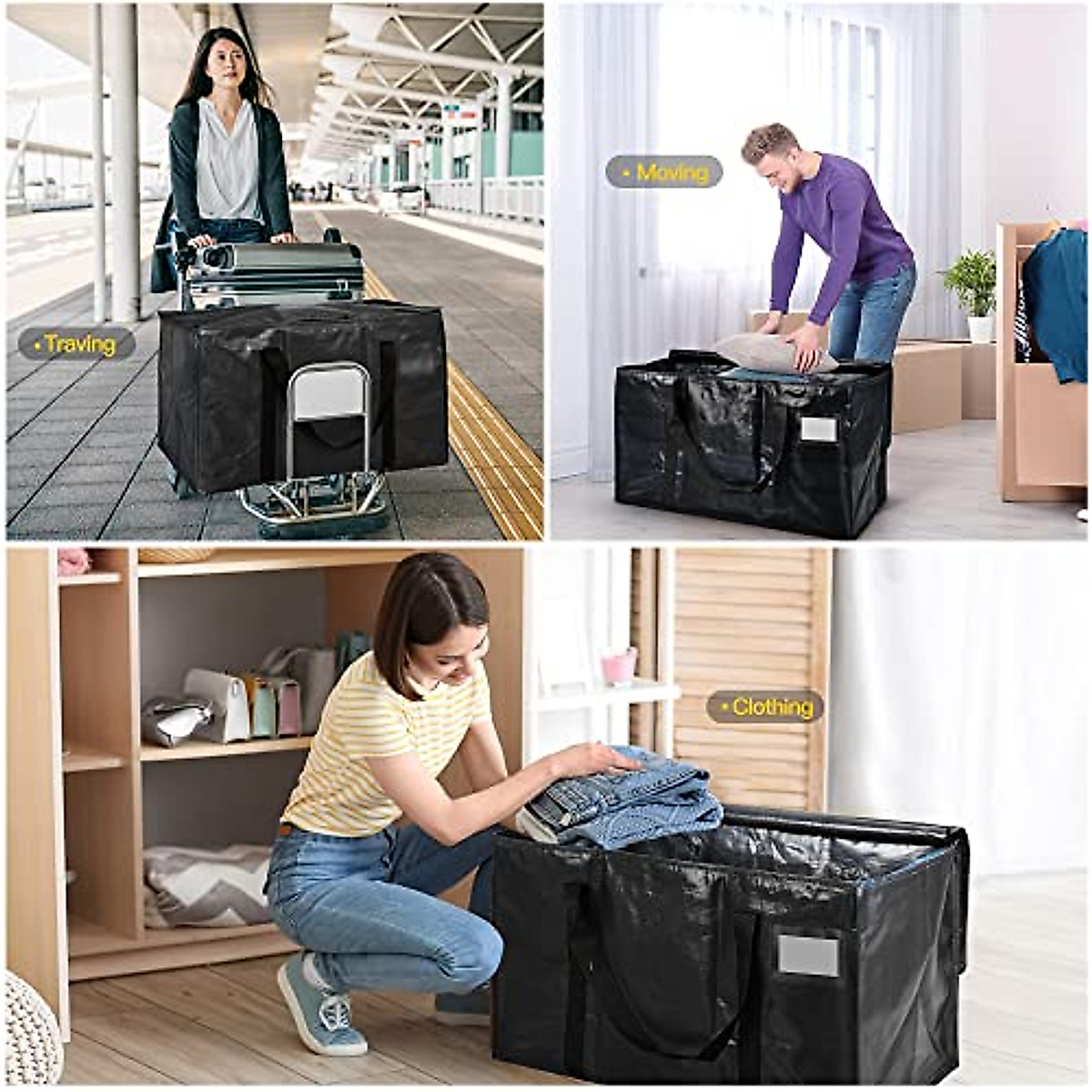 Heavy Duty Moving Bags, Extra Large Storage Totes for Space Saving, Carrying Handles and Marking Card Pocket for Moving, Organizer, Camping and Travel 94L (8 Pack)