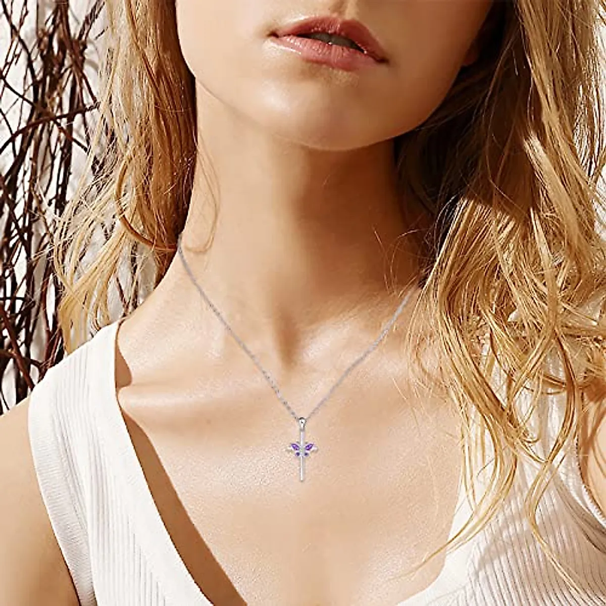 Distance Cross Necklace for Women 925 Sterling Silver Jewelry Pendant Necklace for Mom Wife Gift for Mother's Day or Birthday (Butterfly Purple Cross Necklace)