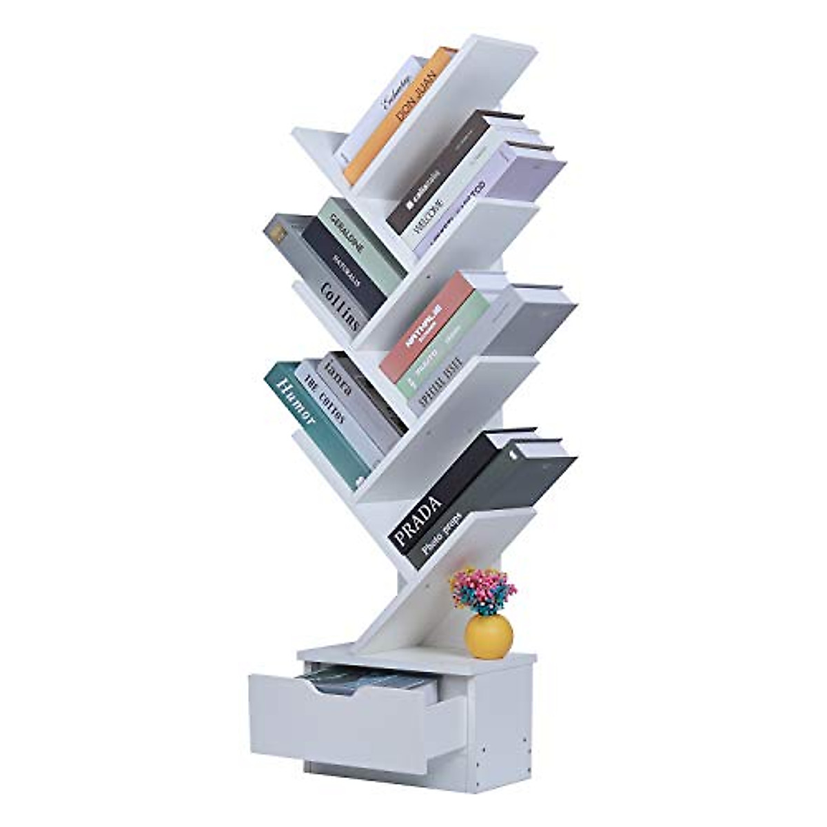 TINSAWOOD 7-Shelf Rack Bookcase, Wooden Tree Bookshelf, Free Standing Book Storage Organizer, for Books/CDs/Albums/Files Holder in Living Room Home Office, White
