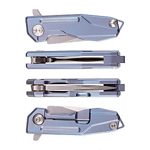 Samior HY002 Ultra Small Little Folding Pocket Flipper Knife, 1.3” D2 Damascus Blade, Blue Titanium Handle with Frame Lock, Mini EDC Keychain Necklace Knives (Blue)