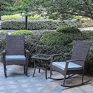 3 Piece Wicker Patio Furniture Sets, Outdoor Wicker Rocking Chairs Patio Bistro Set, Rattan Chairs Patio Furniture Set for Porch Lawn Poolside Backyard with Glass Coffee Table, Brown and Grey