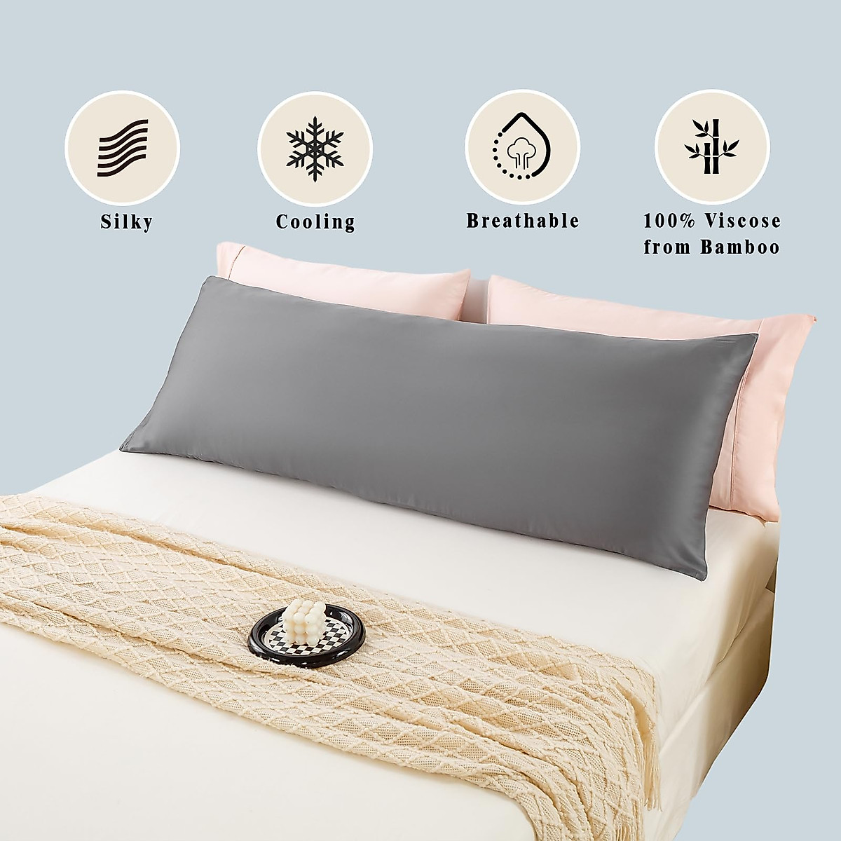 Bedlifes 100% Organic Bamboo Body Pillow Case - Cooling Pillow Cases Breathable Silky Moisture Wicking-Hidden Zipper Closures 400TC Sateen Weave-for Hot Sleepers - 20"x54" Size(Dark Grey)