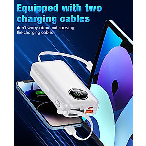 Portable-Charger-Power-Bank - 15000mAh PD 30W Power Bank, Built in Type-C(30W) and iOS(20W) Output Cables LED Display for iPhone and Android Phones and Most Electronic Devices(White)