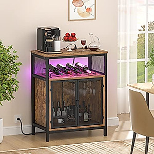 Unikito Wine Bar Cabinet with RGB Light and Outlet, FreeStanding Wine Rack Table, Liquor Cabinet with Glass Holder, Floor Bar Cabinet for Liquor and Glasses for Home Kitchen Dining Room, Rustic Brown